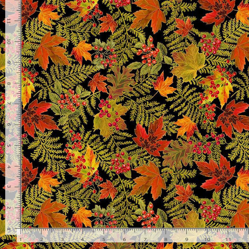 Thankful - Black Packed Metallic Autumn Leaves w/Metallic # CM2106-BLACK - Quilting Fabric ...