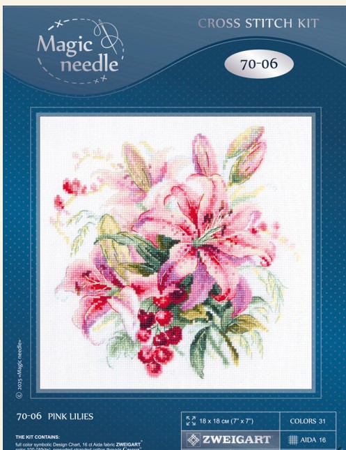 Magic Needle Pink Lilies 70-06 (16 Count) 7"X7" - Cross Stitch Kit ...